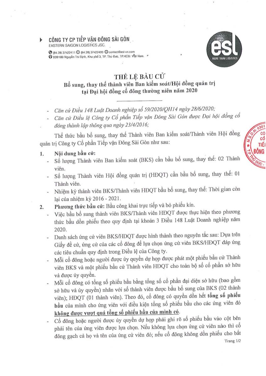 Thể lệ bầu cử bổ sung, thay thế thành viên HĐQT và BKS - ESL