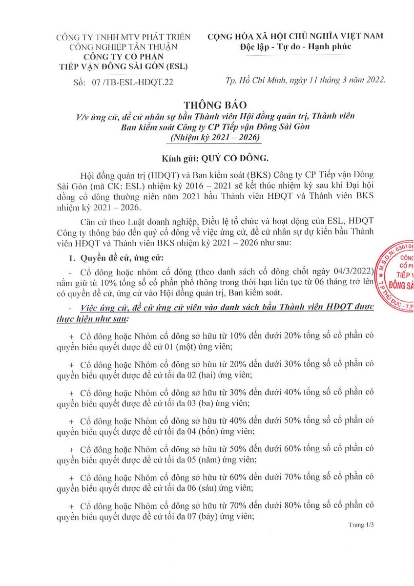 Thông báo số 07/TB-ESL-HĐQT.22 ngày 11/3/2022 cua HĐQT ESL - ESL